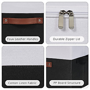 VinneGenzz Storage Boxes with Zipper Lid Cotton Linen Fabric Lidded Storage Bins Baskets Foldable Washable Closet Shelf Clothes Organizer Container Faux Leather Handles (Black White, Small)
