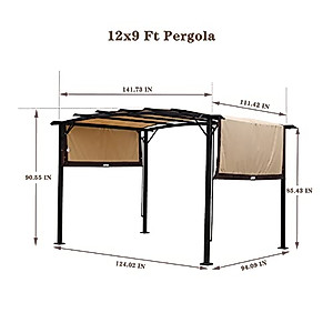 12’ X 9’ Outdoor Retractable Pergola Canopy, Steel Frame Grape Patio Gazebo, Backyard Shade Shelter, for Garden Porch Yard BBQ Beach, Beige+Brown