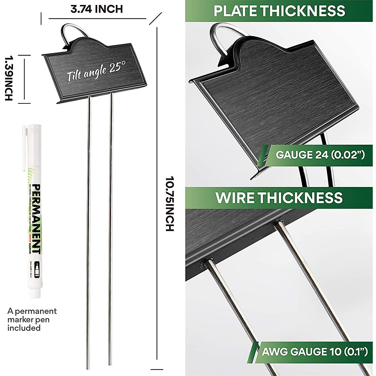 Metal Plant Labels Weatherproof 25 Pack, Stainless Steel 304 Garden Label Markers Outdoor for Plants Vegetables Herb Seedlings Flowers with a Pen, Label Area 3.74'' x 1.39'' Height 10.75 Inch