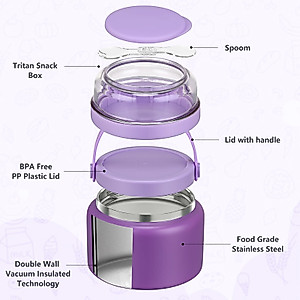 MAISON HUIS 2-in-1 Insulated Food Jar 8oz Soup Thermo with Tritan Snack Container Kids Thermo for Hot Food Lunch Containers Wide Mouth Vacuum Stainless Steel Leak Proof for School Travel