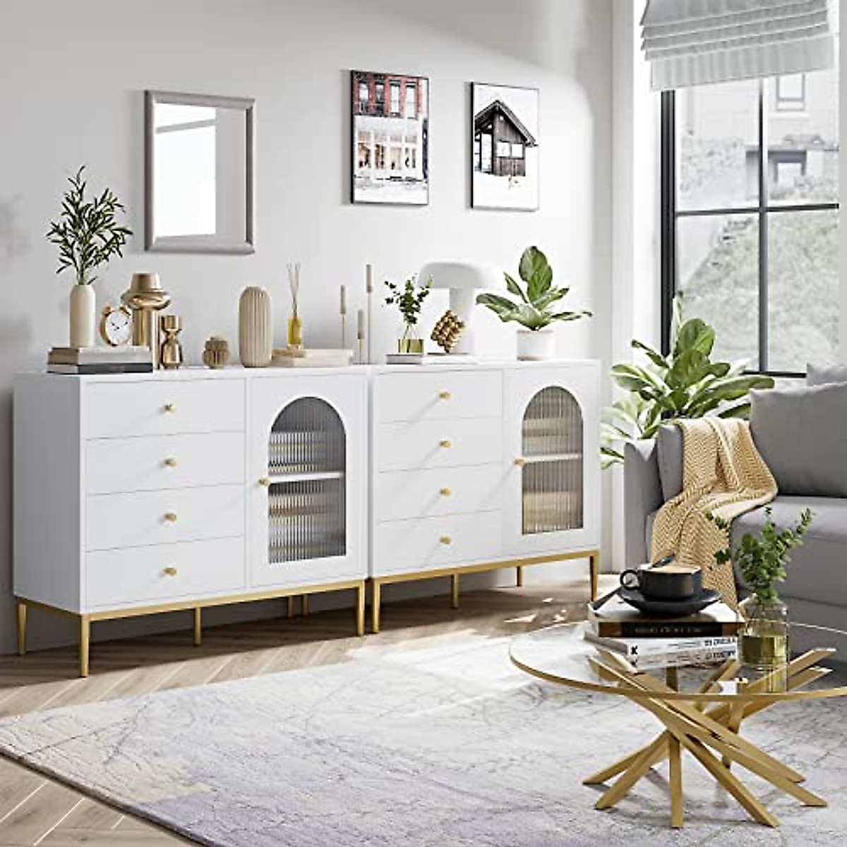 finetones White Dresser, Modern Dresser White and Gold Dresser with Waveform Glass Door and Gold Metal Legs, Gold Dresser Storage Chest of Drawers for Home