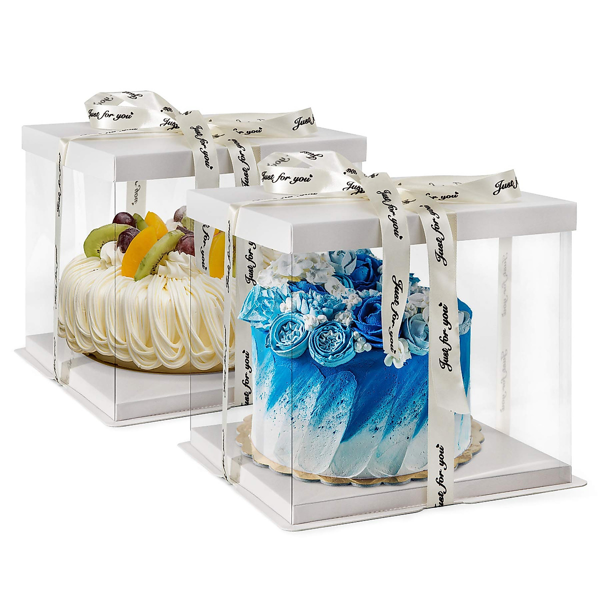 HOYA PONYOO Clear Cake Box, 2-Pack Cake Carrier Container 10" X 10" X 9" with Ribbon Transparent Boxes with Lid Gift Package for Birthday Wedding Party, White