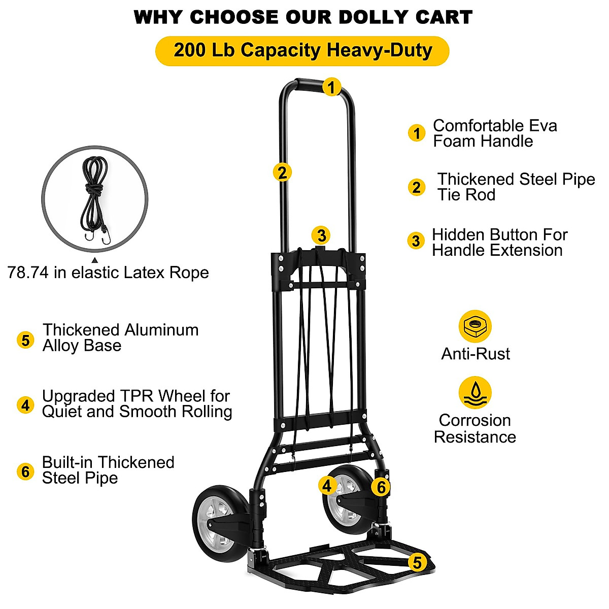 Folding Hand Truck and Dolly, 200 LB Capacity Upgraded Aluminum Dolly Cart, Extended Handle Portable Dolly for Travel, Moving, Shopping, Office Use, Black