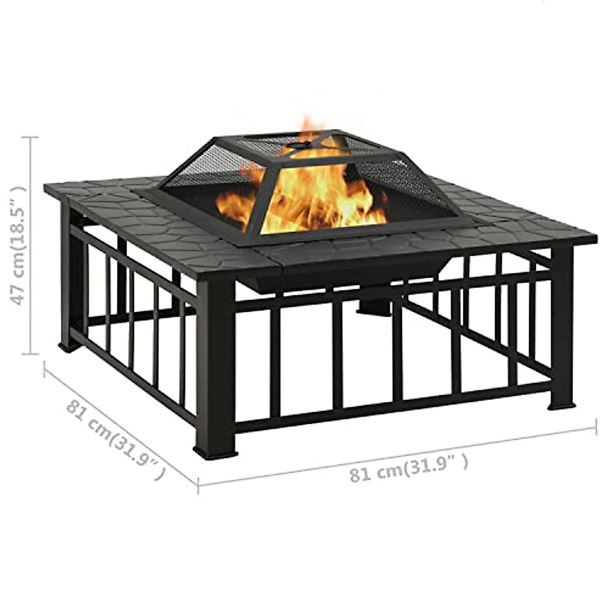 32in Firepit with Spark Screen,Square Firepit with Waterproof Cover, Poker,3 in 1 Patio Firepit Table BBQ Garden Stove for Outside Wood Burning and Drink Cooling