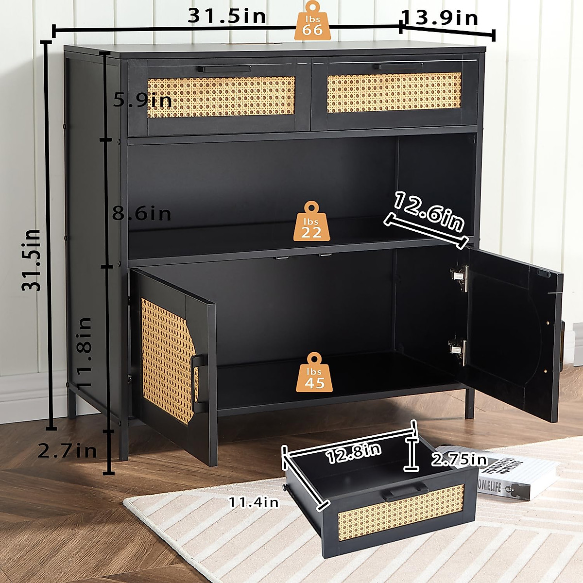 LIDYUK Sideboard Buffet Cabinet with Charging Station, Kitchen Storage Cabinet with Rattan Doors, Cupboard Console Table Sideboard Cabinet for Dining Room Hallway, Black