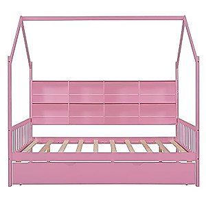 BIADNBZ Full Size House Platform Bed with Trundle and Storage Shelves, Wooden Daybed with Roof, Sofabed Frame for Kids/Teens Bedroom, Pink