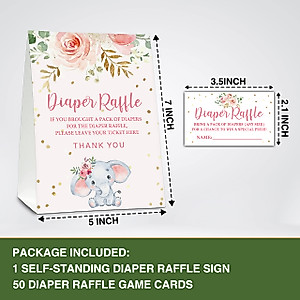 ONDTOM Pink Floral Elephant Baby Shower Party 5"x7" Self-Standing Diaper Raffle Sign With 50 Cards(2.1"x3.5"), Baby Gender Announce Party Decorations Supplies - diaper-H01