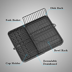 YEPATER Extendable Dish Rack, Large Dish Drying Rack with Drainboard,Cup Holder,Cutlery Drawer Organizer,Collapsible Dish Drainer for Kitchen Counter