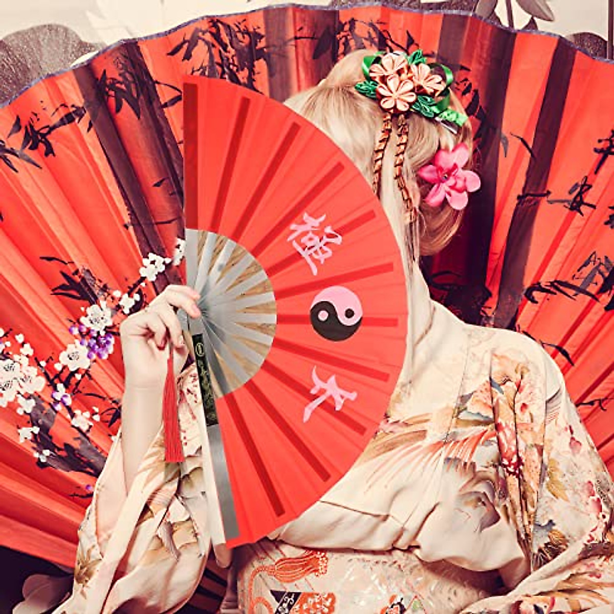 Gadpiparty Handheld Fan Handheld Fan Hand Fan Folding Fan Chinese Kung Fu Fan Cloth Fan Rave Fan Performance Fan Festival Fan Craft Fan Dance Fan for Men Women Red Hand Held Fan Hand Held Fan