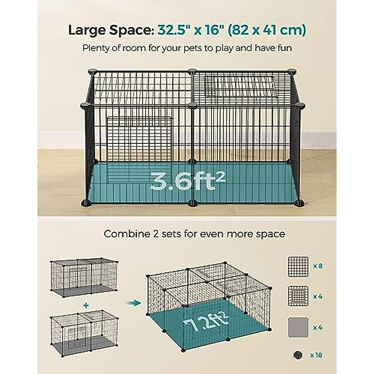 SONGMICS Small Animal Playpen, Pet Cage with Top and Base, 2 Doors, Easy to Clean, Metal Wire Guinea Pig Pen for Hamsters, Hedgehogs, L, 32.5 x 16 x 16 Inches, Black ULPI009B01