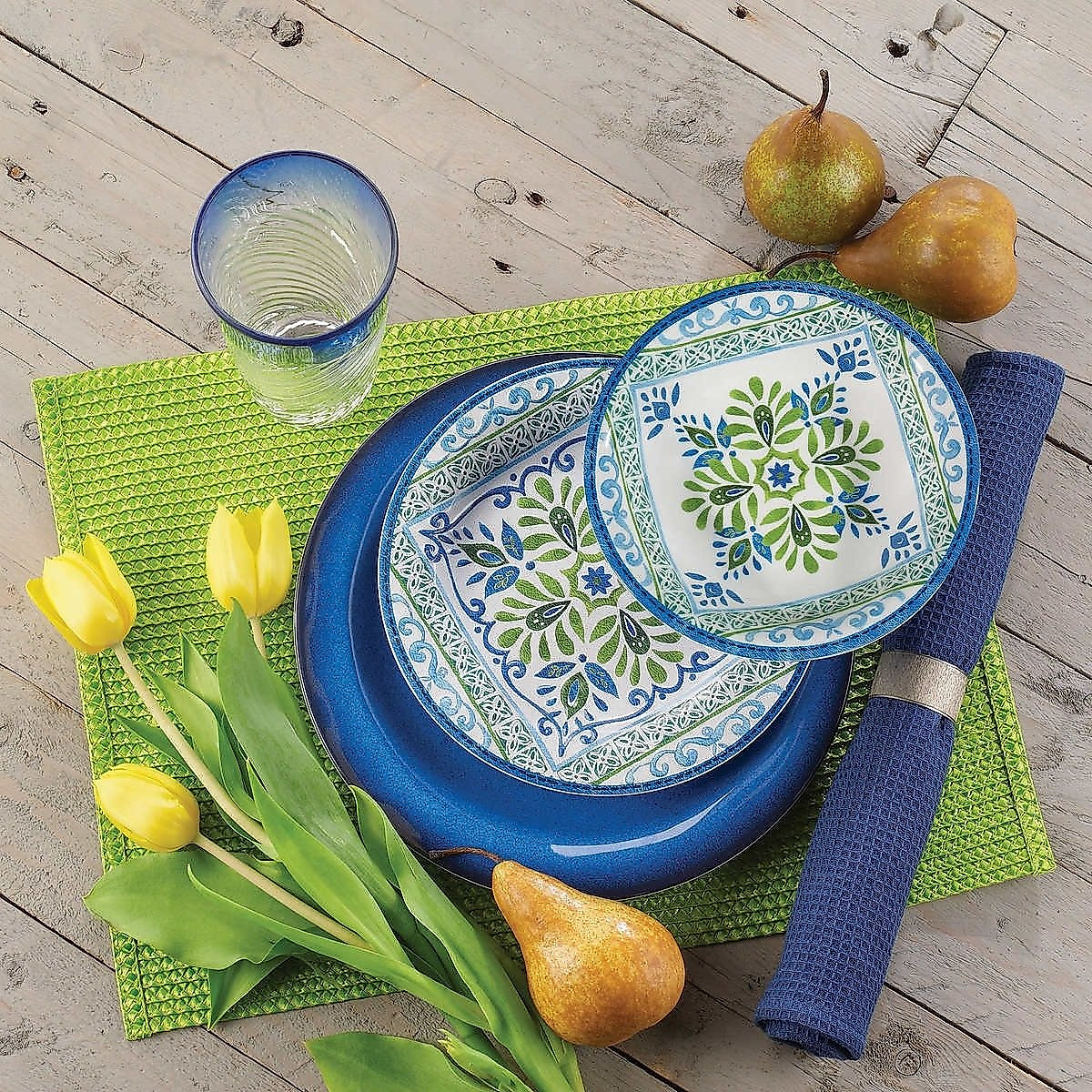Melamine 12 Piece Dinnerware Set (Blue & Green) - Suitable Indoors and Outdoors
