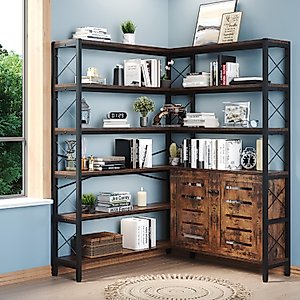 Wildhome 6-Shelf Corner Bookshelf, Vintage Industrial Corner Bookshelf Etagere Bookcase, Large Book Shelf with Metal Frame Open Storage Corner Cabinet (Brown-Lockers, Large)