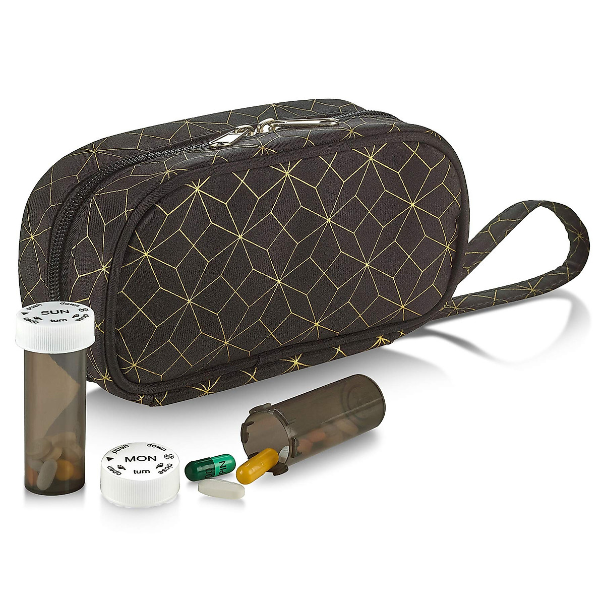 Pill Case and Pills Bottle Organizer - Weekly and Daily Medicine Container Carrier Tote Bag for Weekly Pill Bottles with 3 Extra Daily Bottles