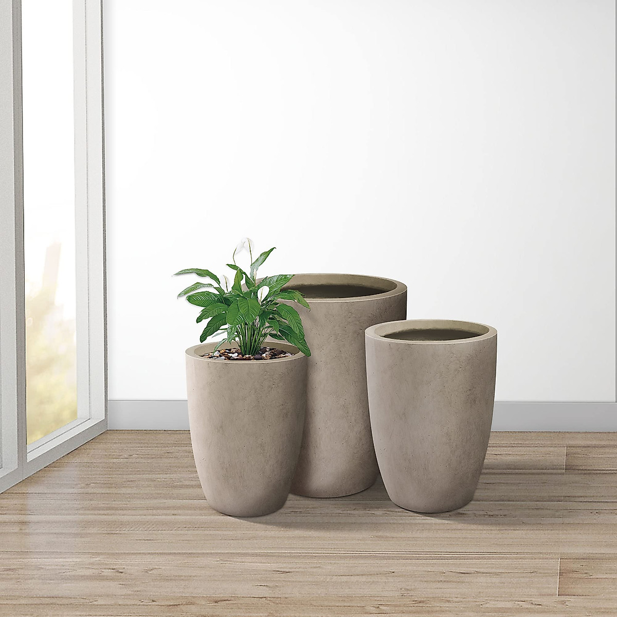 Kante 18.1",20.5",22.4" H Tall Round Concrete Planters Set of 3, Outdoor Indoor Modern Decorative Plant Pots with Drainage Hole & Rubber Plug for Home & Garden Weathered Concrete
