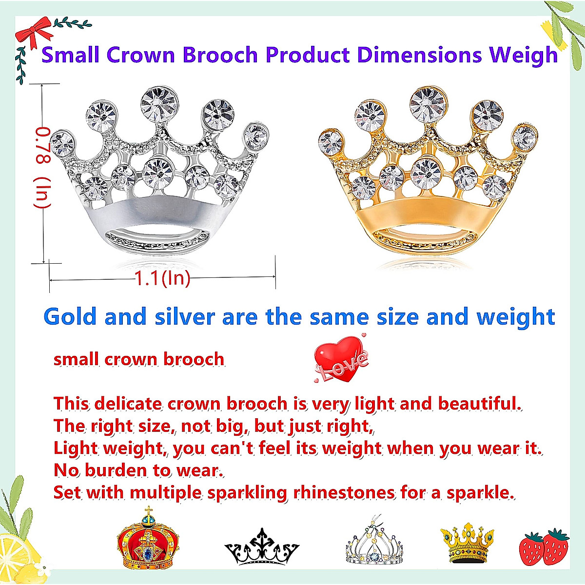 lot 48pcs small crown brooches pins for women men fashion gold silver rhinestone crown brooches pin (48PCS-Gold)