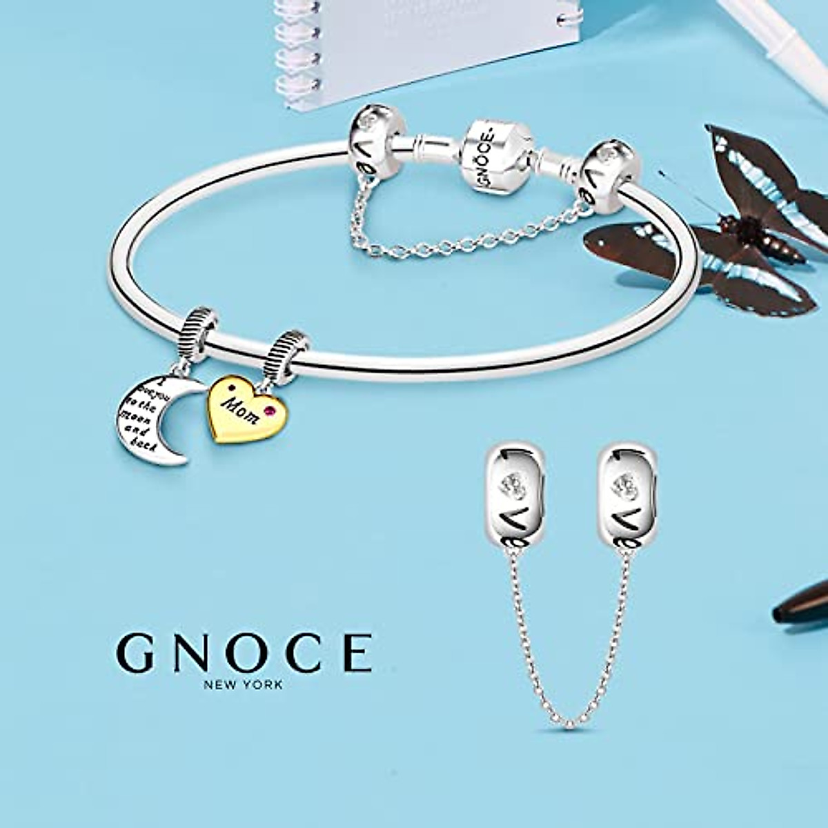 GNOCE "Love Safety Chain Charms 925 Sterling Silver Connection Chain Charms Engraved with Love Safety Chain Fit All Bracelet for Protect and Extend Your Bracelet