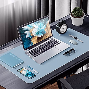 Dual-Sided Desk Pad Office Desk Mat, EMINTA Ultra Thin Waterproof PU Leather Mouse Pad Desk Blotter Protector, Desk Writing Mat for Office/Home (Light Blue/Silver, 31.5" x 15.7")