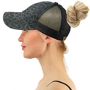 C.C Ponytail Criss Cross Messy Buns Ponycaps Baseball Cap Dad Trucker Mesh Hat (Stone Washed Leopard Black)
