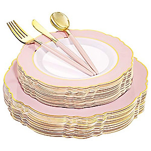 WDF 30Guest Pink Plastic Plates & Gold Plastic Silverware With Pink Handle-Baroque Pink &Gold Plastic Dinnerware for Upscale Wedding &Parties, Mother's Day