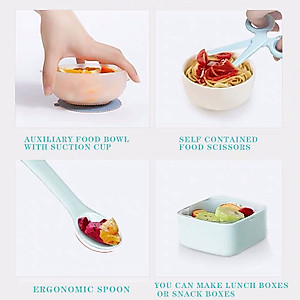 Cream Kids Baby Silicone Suction Plate,Bowl,Spoon,Fork and Baby Food Scissors 5 Piece Set with - BPA Free -Great Kids Food Gift Pack(Macaron Light Blue)