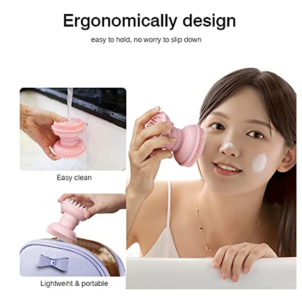 MYCOMBO Exfoliating Silicone Body Scrubber Easy to Clean, 2 in 1 Bath and Shampoo Brush, Scalp Massager, Lathers Well, Long Lasting, And More Hygienic Than Traditional Loofah (Pink)