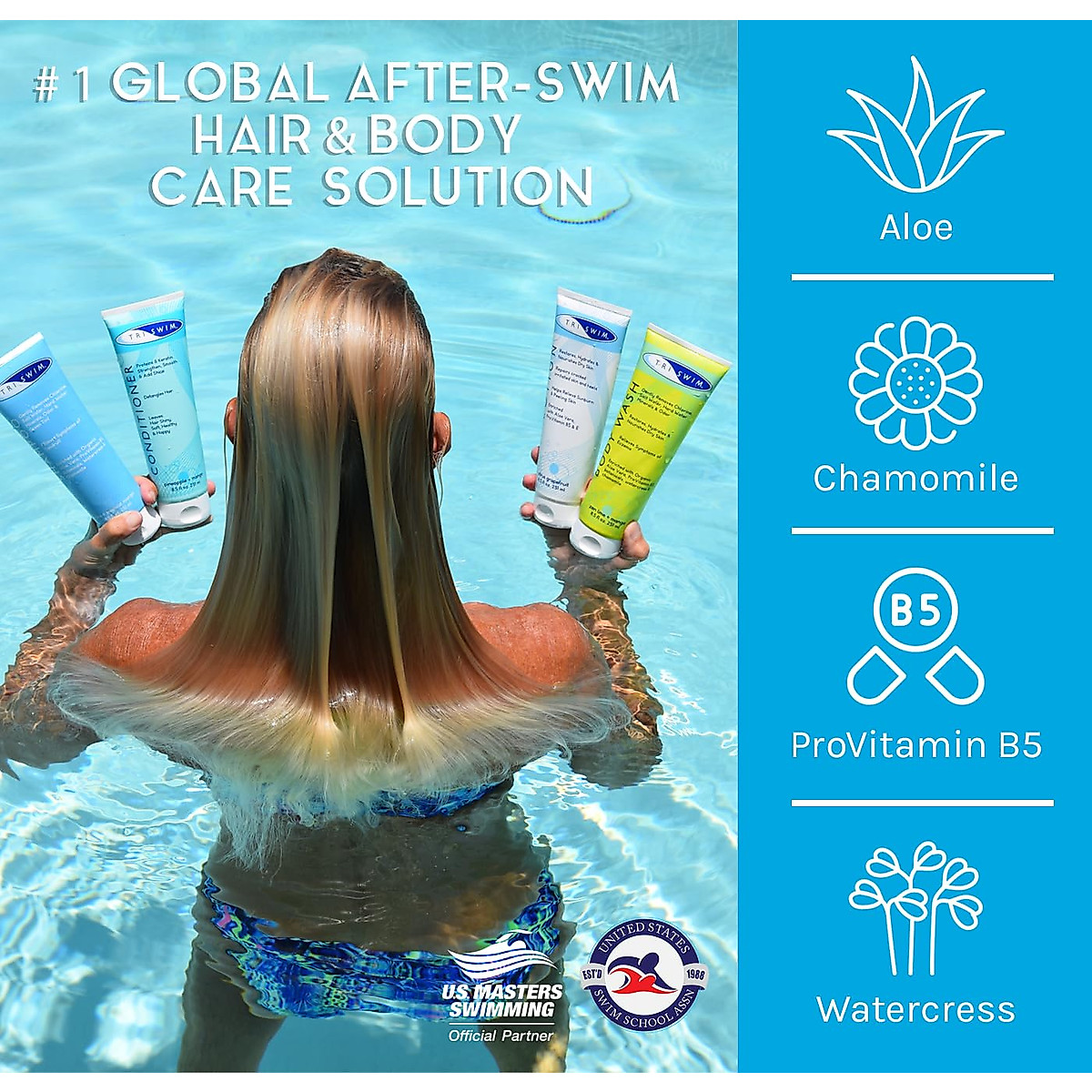 TRISWIM Gift Set Value Pack of 4 + Mesh Bag Travel Kit Swim Care Chlorine Removal Body Wash + Swimmers Shampoo + Conditioner and Lotion 8.5 fl oz for Hydrated Skin and Healthy Hair