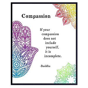 Compassion Buddha Quote - Inspirational Zen Wall Art Decor - 8x10 Buddhism Poster Print for Spa Decoration, Yoga, Meditation Room - Namaste Buddhist Gift - Hamsa Hand of Fatima, Mandala, Lotus, Om