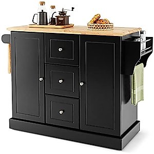 Giantex Mobile Kitchen Island, Large Kitchen Cart on Hidden Wheels, Rubber Wood Countertop, 3 Deep Drawers, 2 Enclosed Storage Cabinets with Adjustable Shelves, Side Towel Bar and Spice Rack, Black
