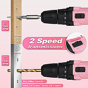 SHALL 222-Piece Pink Drill Driver and Home Tool Set, 12V Electric Drill Combo Kit, 3/8" Keyless Chuck, 12" Wide Mouth Open Tool Bag, for Drilling Wood/Metal, Women DIY Projects