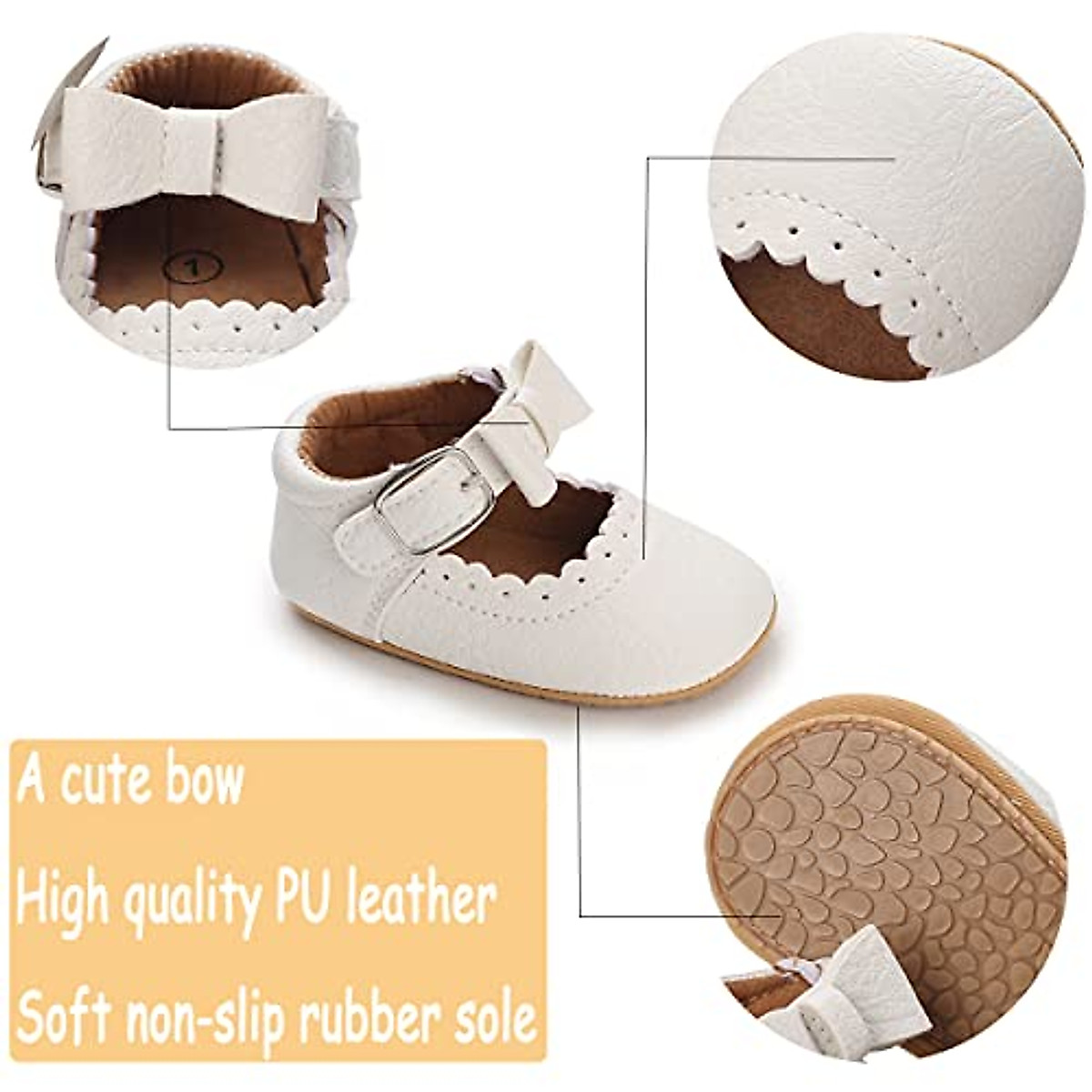 Timatego Baby Girl Mary Jane Flats Lace Bow Non-Slip Soft Sole Newborn First Walker Wedding Princess Party Dress Shoes(6-12 Months Infant P White)
