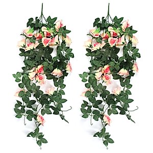 Hananona 2PCS Artificial Hanging Flowers 3.3Ft Artificial Rose Vine Hanging Plants Artificial Flower for Home Room Garden Wedding Indoor Outdoor Decoration (Pink, 2)