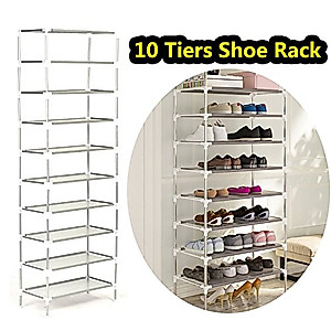 dtemple 10 Tiers Space Saving Shoe Rack Mount Stand Sturdy Shelf Storage Tower Organizer Cabinet Adjustable Shoe Shelf