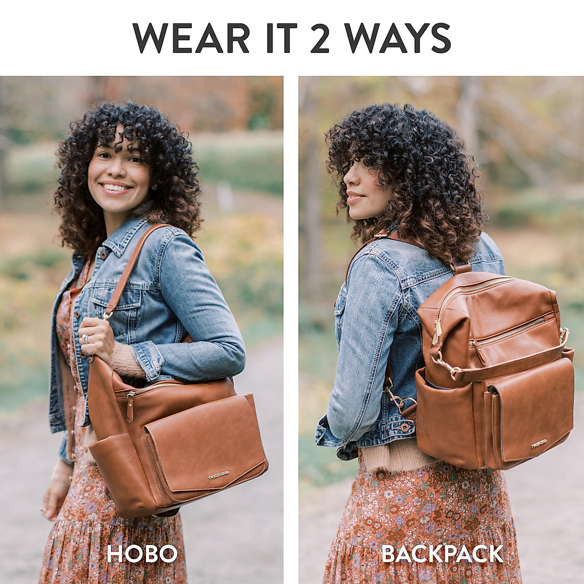 TWELVElittle Peek A Boo Convertible Hobo Diaperbag Backpack with Changing Pad, Wipes Case and Stroller Clips, Vegan Leather- Toffee