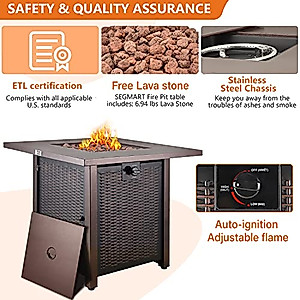 SEGMART Outdoor Propane Fire Pit Table 40000 BTU Gas Fire Pit Table for Outside Patio/Garden/Courtyard, Square Fire Pit with Lid, Auto-Ignition, Lava Rock, Wicker Steel Surface, Outdoor Companion