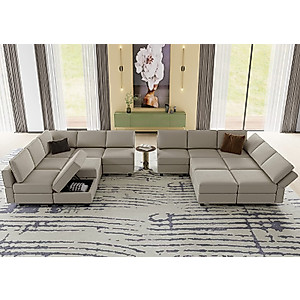 Belffin Oversized Modular sectional Sofa with Double Chaises U Shaped Sectional Sleeper Sofa Couch Reversible Sectional Sofa with Storage Velvet Grey