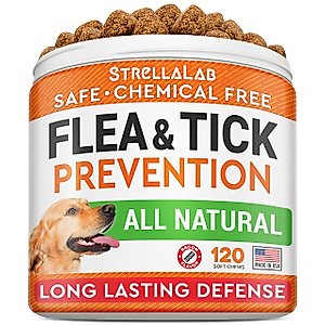 STRELLALAB Natural Flea and Tick Prevention Chews for Dogs - Chewable Tablets for Dogs - All Breeds and Ages - Made in USA Flea and Tick Remover Supplement - Bacon - 120 Treats
