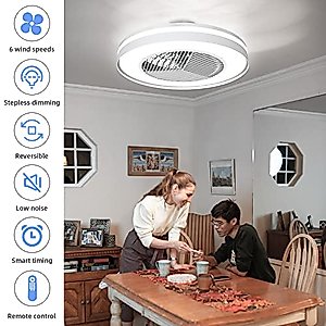 Ceiling Fan with Lights Remote Control,Dimmable Fan Lighting, 20'' Enclosed Bladeless Fan, Semi Flush Mount,2.4GHz Wi-Fi Bluetooth & App Controlled Works with Alexa and Google Assistant (Matte White)