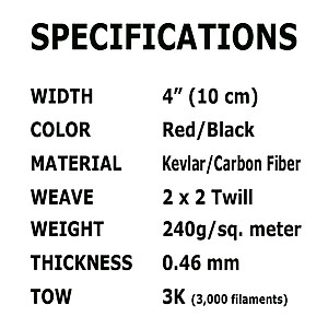 4" x 10 FT Red - Kevlar FABRIC-2x2 Twill WEAVE-3K/220g