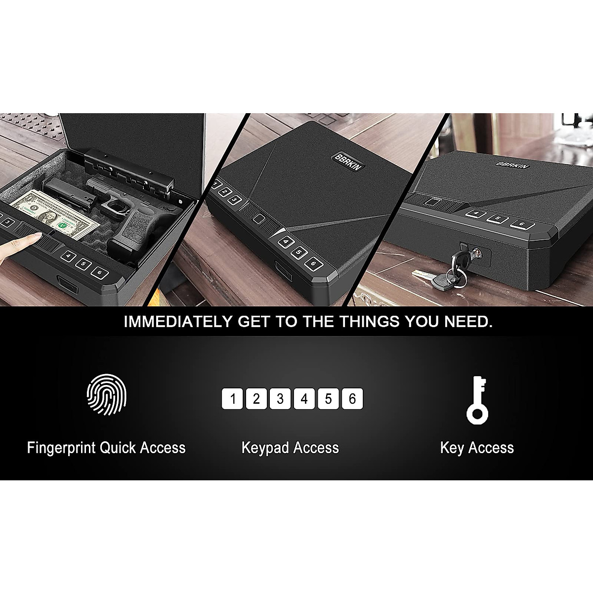 Biometric Gun Safe for Pistols, Wall Mounted Fingerprint Handgun Safe Lock Box for Bedside Car Nightstand Drawer Closet -with Security Cable/Light/Safe Organizer