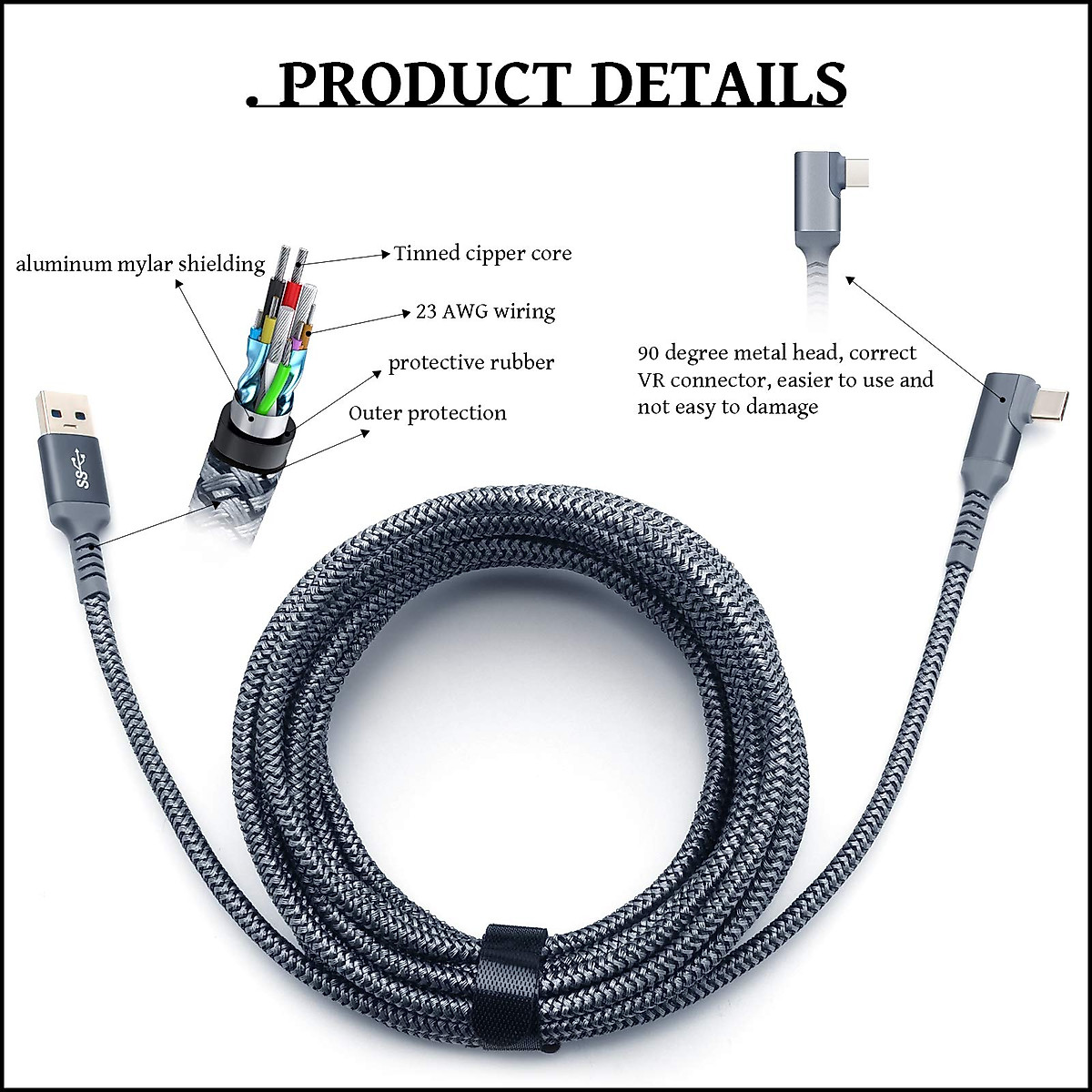 KRX Silver Braided Cord for Oculus Quest and Quest 2 Link Cable, 10FT USB A to C 3.2 Gen1 Cable for Fast Charging & Data-Transmission (10FT(3M), Silver)