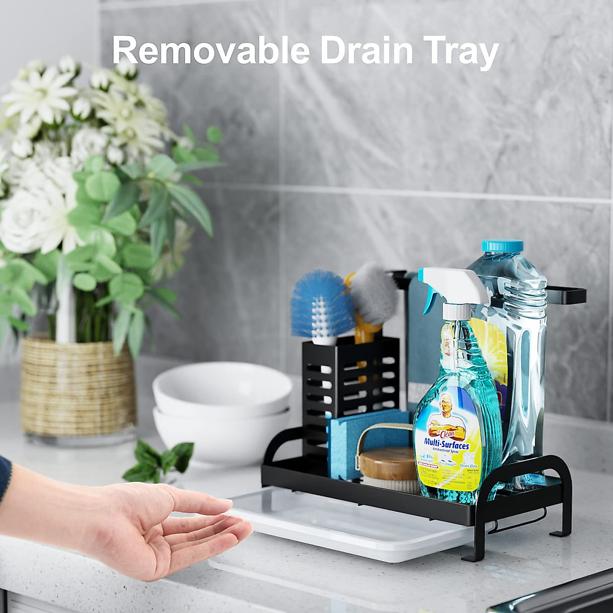 Kitchen Sink Caddy Sponge Holder - iSPECLE Sink Organizer with Brush Holder Drain Pan Tray, Dishrag Dishcloth Holder Storage Kitchen Accessories, Black