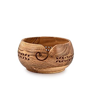 SAMHITA Acacia Wood Yarn Bowl Holder |Handmade Crocheting Accessories and Supplies Organizer (7" x 7" x 4")