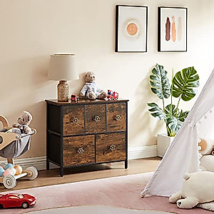 VECELO Bedroom with 5 Chest of Drawers for Living Room, Nursery, Entryway, Fabric Furniture Clothes Storage Tower with Steel, Wood Top, Small Dresser, Brown