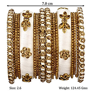 Aheli Royal Design Silk Thread Bangle Set Saree Matching Chuda Indian Traditional Wedding Fashion Jewelry for Women (Silk White-Faux Stone, 2.6)