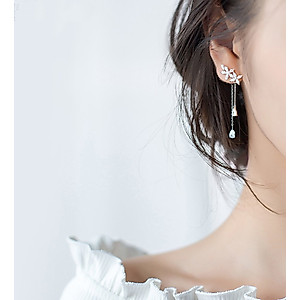 SLUYNZ 925 Sterling Silver CZ Flowers Wrap Earrings Dangle Chain for Women Elegant Bridal Earrings Wedding Engagement Drop Earrings (A-Silver)