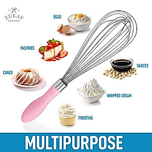 Zulay 12-Inch Stainless Steel Whisk - Balloon Whisk Kitchen Tool With Soft Silicone Handle - Thick Durable Wired Whisk Utensil For Blending, Beating, Whisking, Frothing, Stirring & More (Pink)