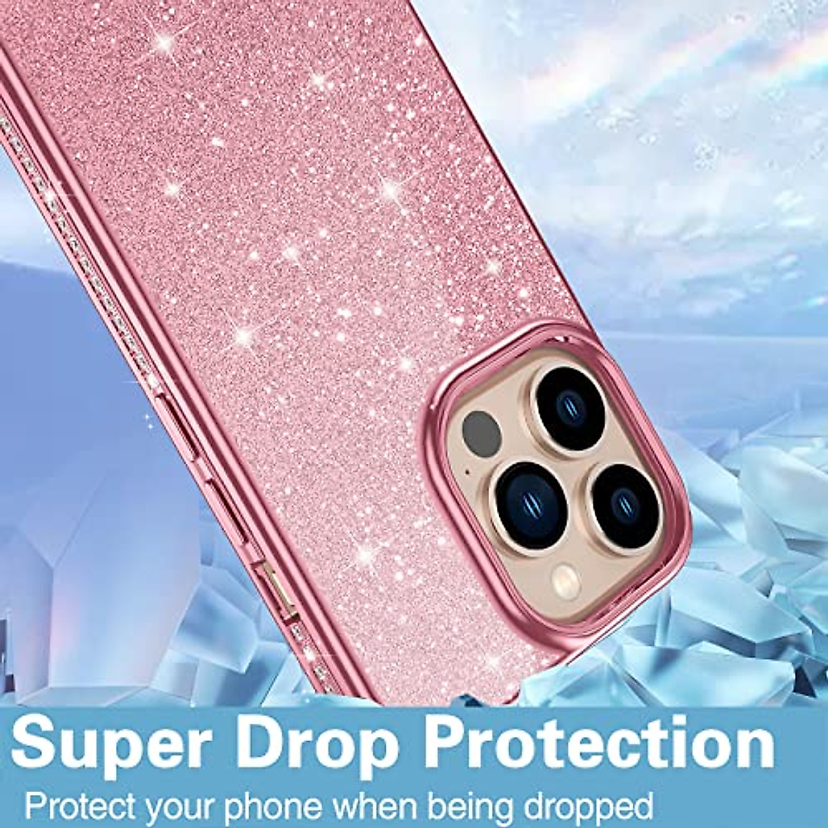 PTUONIU Glitter iPhone 13 Pro Case, Cute Glitter Slim Bumper Diamond Cover [Camera Protection] Scratch Resistant Full-Body Protective Phone Case for iPhone 13 Pro Women Girls - Pink