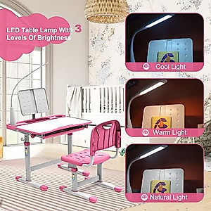 Wrilibo Kids Desk and Chair Set 3-12 Years, Height Adjustable Study Desk for Kids, Kids School Desk with Light, 40-Degree Tiltable Desktop Kids Study Desk, Girls Desk Pink