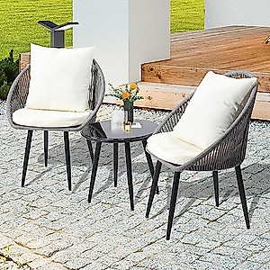 BETTAHOME 3 Piece Bistro Set, Patio Furniture Set with Cushion and Pillow, Outdoor Balcony Woven Chairs and Table, Grey and Black