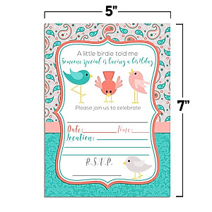 A Little Birdie Told Me Themed Birthday Party Celebration Invitations, 20 5x7 Fill In Cards with Twenty White Envelopes by AmandaCreation